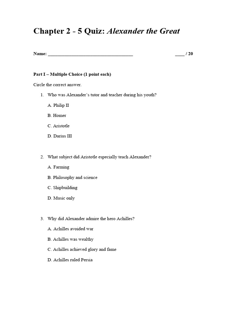 Alexander The Great Chapters 2-5 Quiz | PDF | Alexander The Great ...