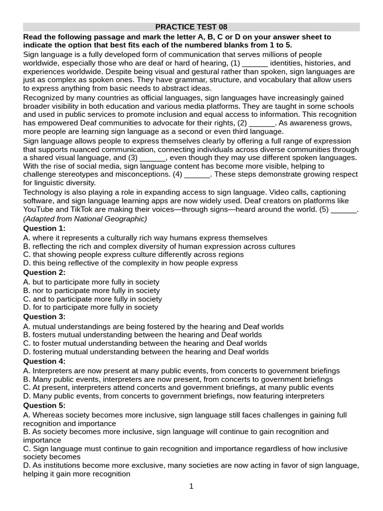 PRACTICE 08 - VIETNAM HIGH SCHOOL NATIONAL EXAM | PDF | Sign Language ...