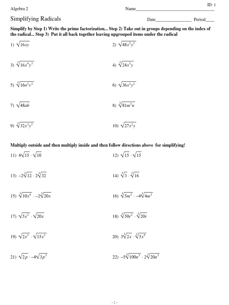 Algebra 2 - Simplifying Radicals Solution | PDF | Multiplication ...