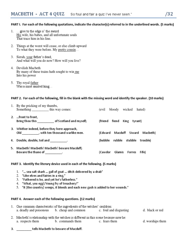Macbeth Act 4 Quiz and Answers | PDF | Macbeth | Shakespearean Characters