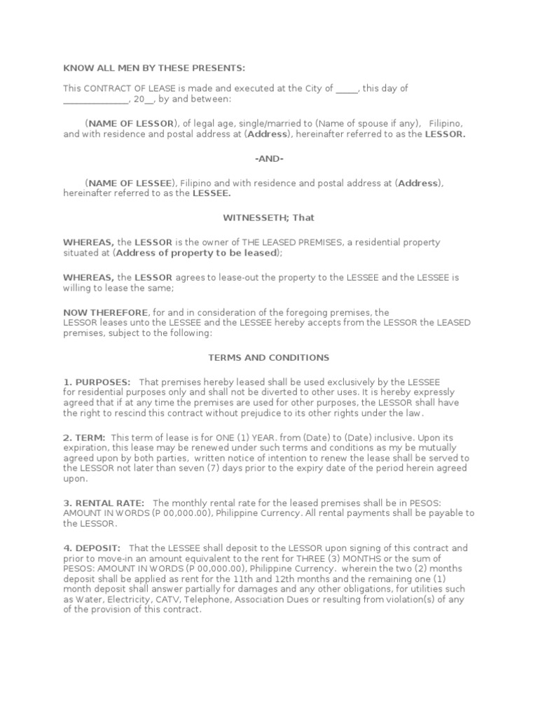 Contract of Lease- sample format | Lease | Private Law