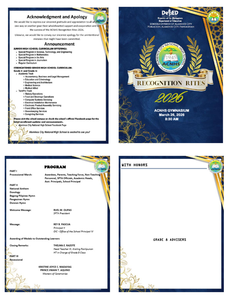 Grade 8 Class Recognition Rites Program | PDF