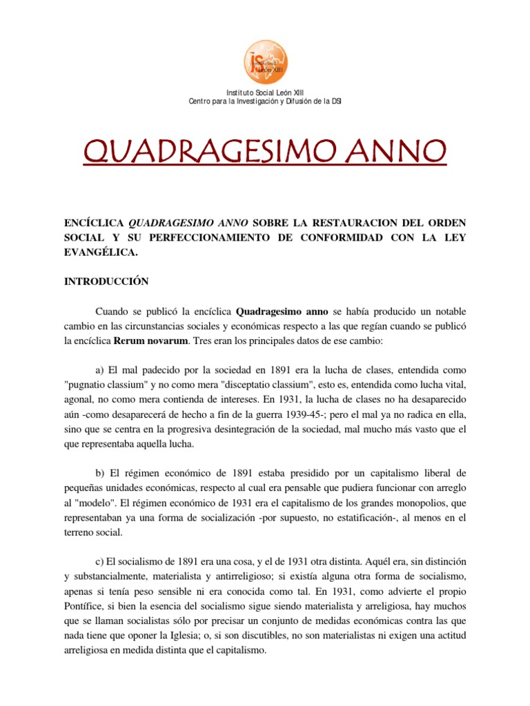 Encíclica Quadragesimo Anno | PDF | Iglesia Católica | Propiedad