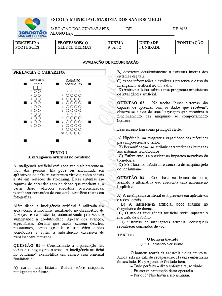 1. Recup. Prova de PORT. I Unid. (9°ano - 2026).docx | PDF ...