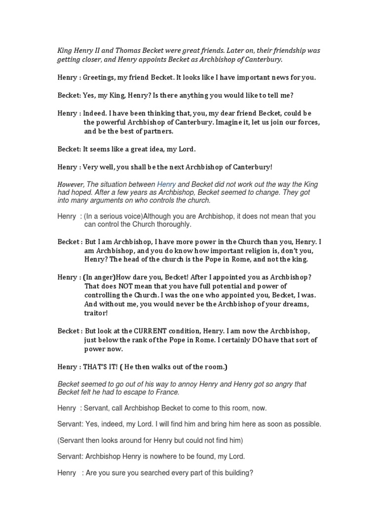 Henry II and Thomas Becket Play Script | PDF | Pope