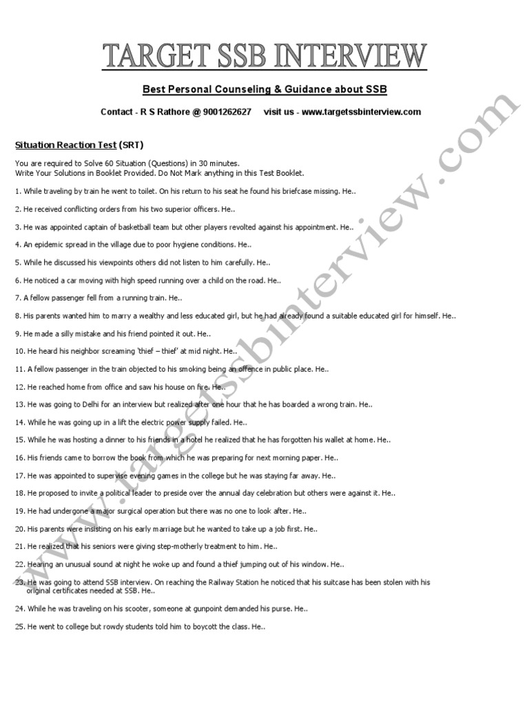 Solutions to 60 Situational Reaction Test (SRT) Questions for the SSB ...
