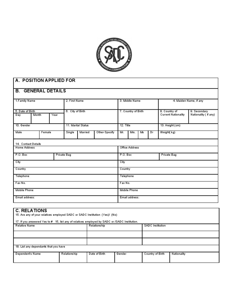 Sadc Application Form Personal History Profile Form | PDF | Fax ...