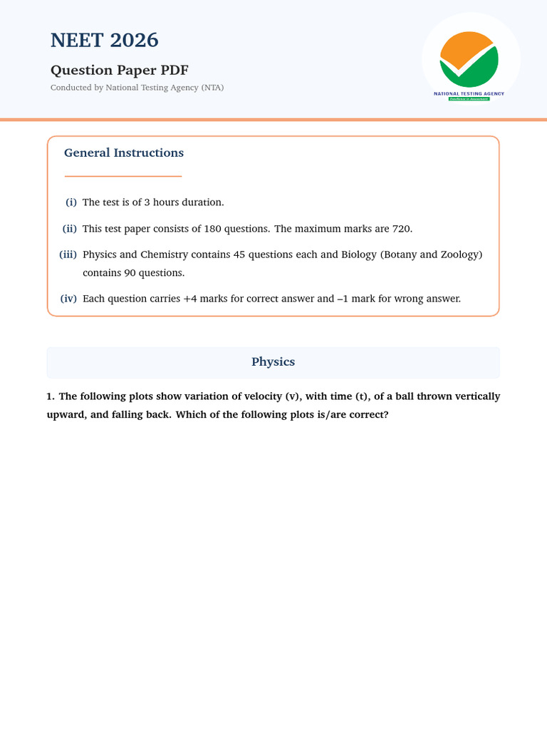 NEET 2026 Question Paper PDF | PDF | Capacitor | Force