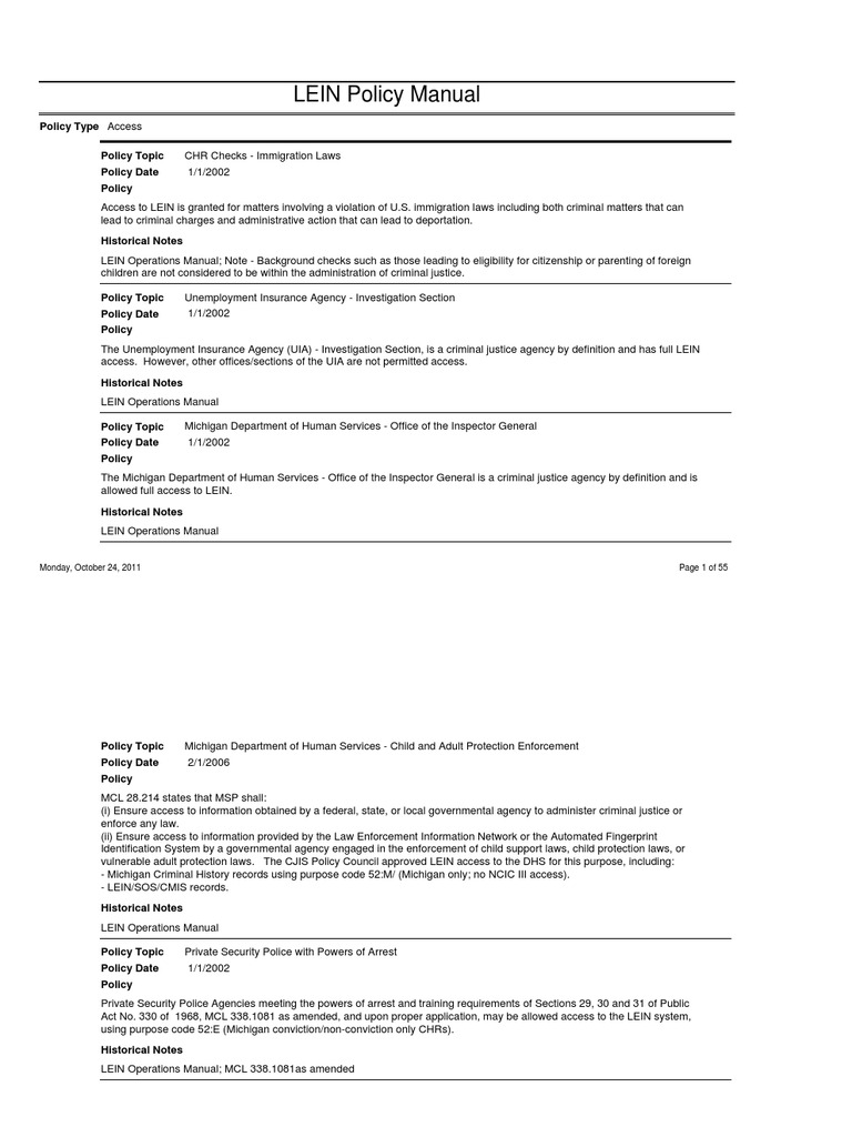 State of Michigan LEIN Policy Manual | PDF | Criminal Record | Search ...
