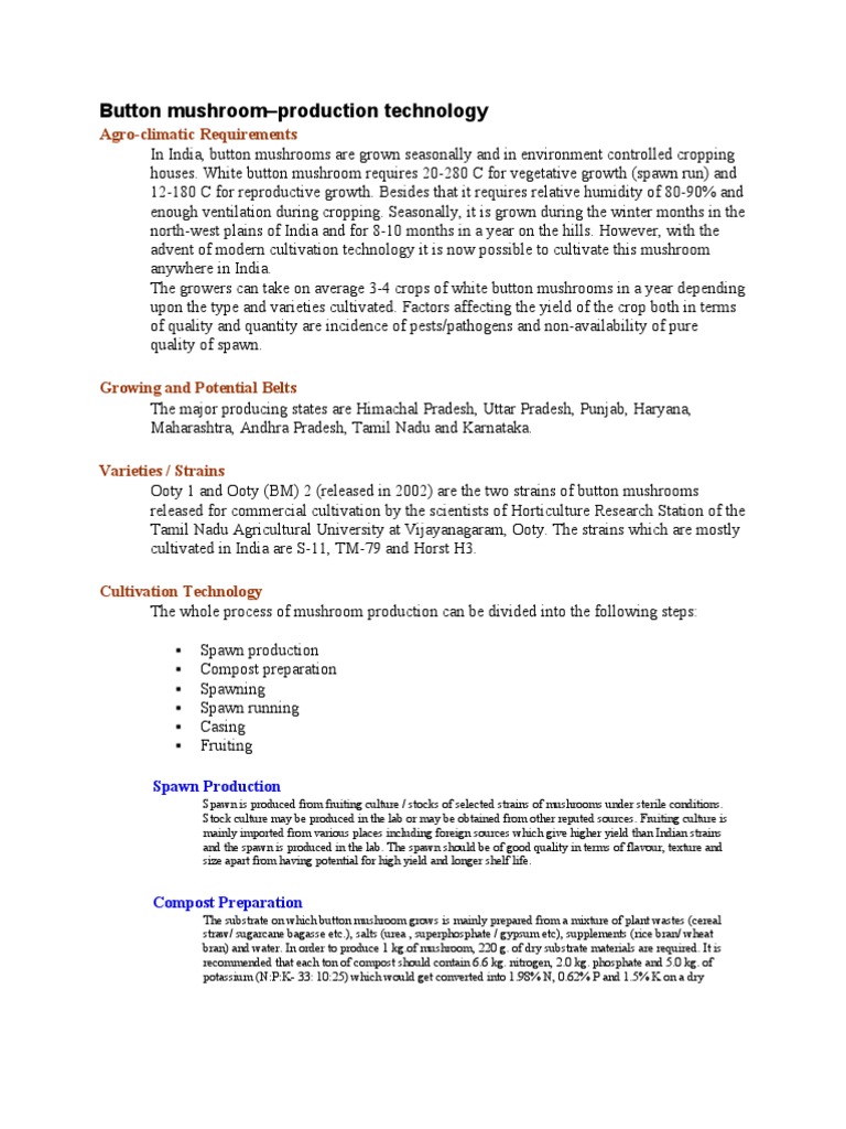 White Button Mushroom Production | PDF | Compost | Soil