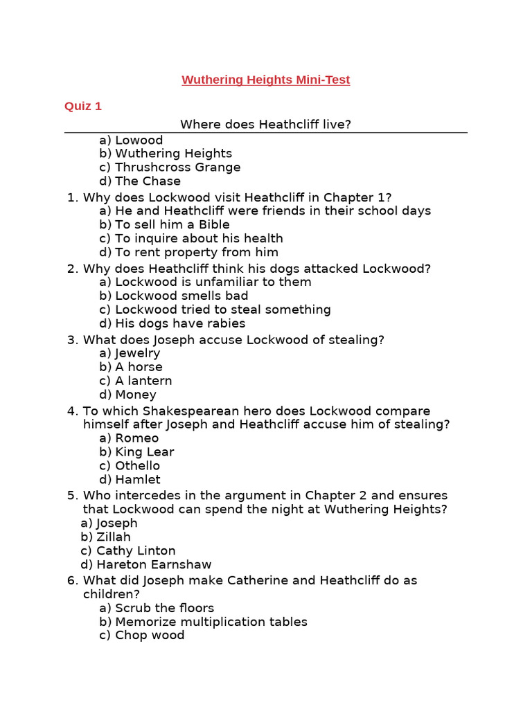 Wuthering Heights Quiz 1 | PDF | Wuthering Heights | Heathcliff ...