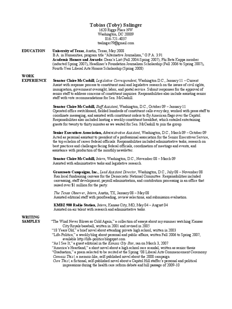 Salinger Resume v6 | PDF | United States Senate | Washington