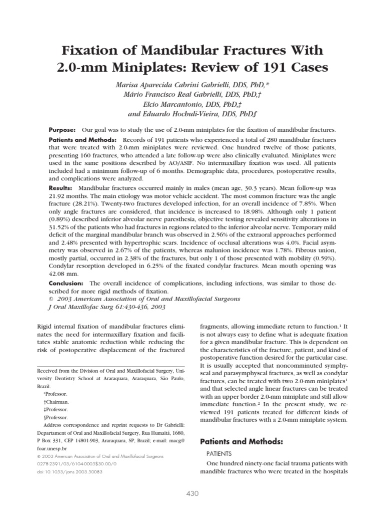 Fixation of Mandibular Fractures With 2.0 MM Miniplates | PDF | Medical ...