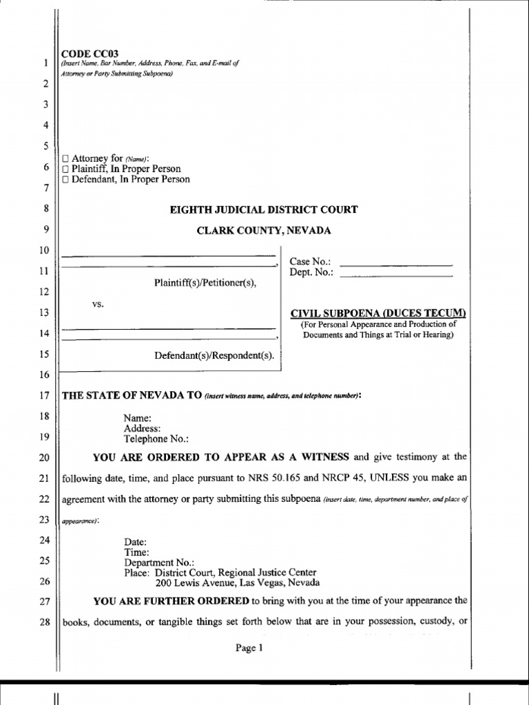 Civil Subpoena Duces Tecum NV DC | Subpoena Duces Tecum | Subpoena