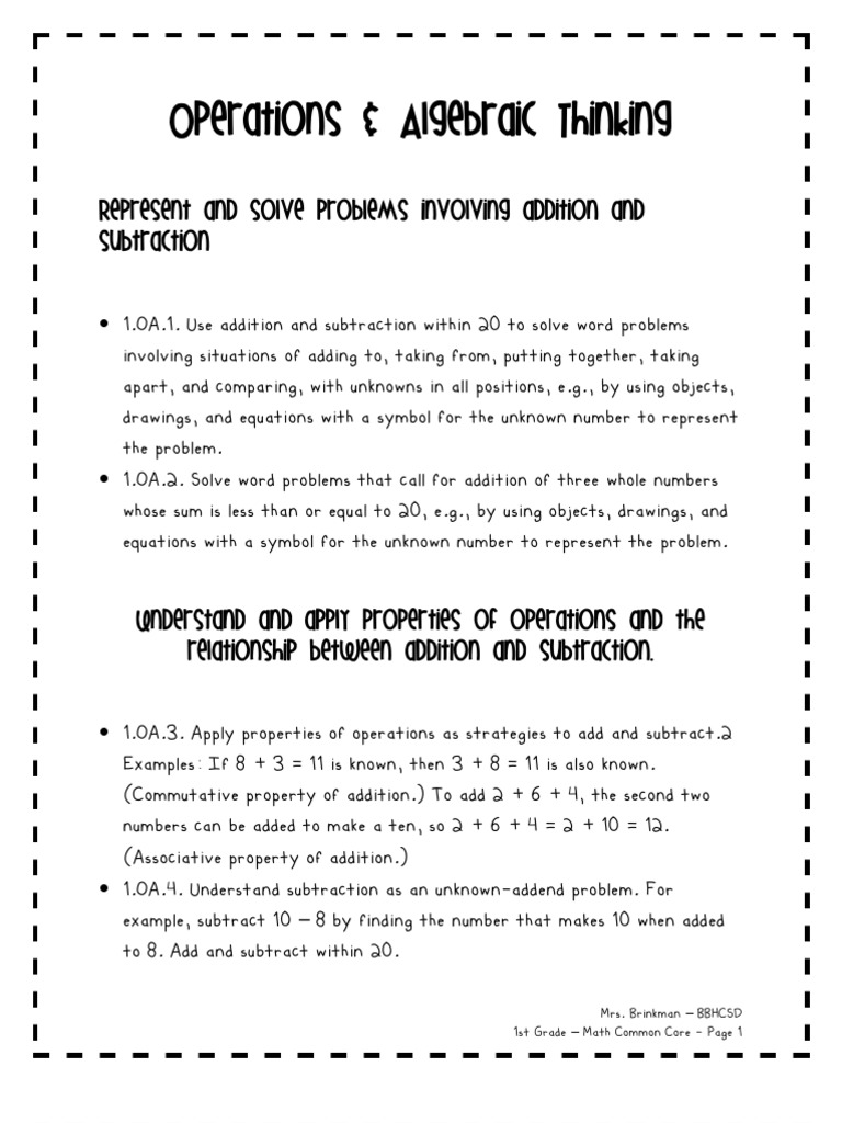 Common Core State Standards First Grade Math | PDF | Shape | Subtraction