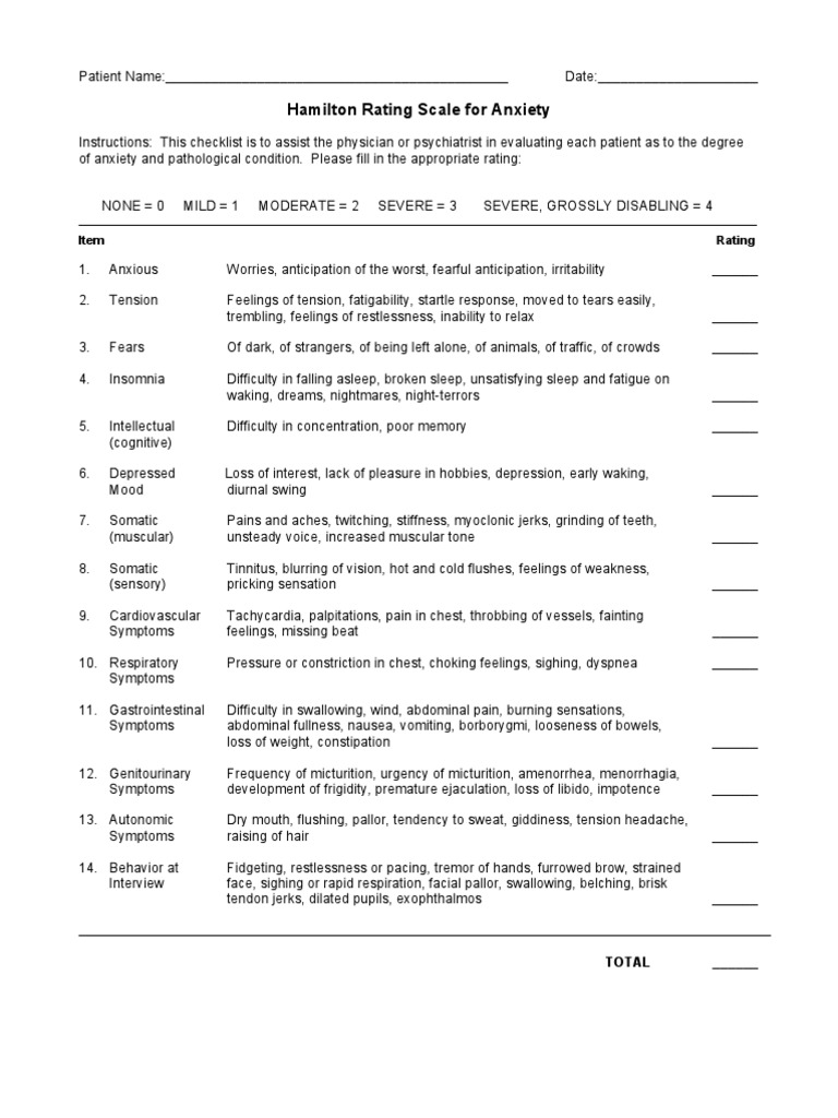 Hamilton Anxiety Rating Scale Form | PDF | Wellness