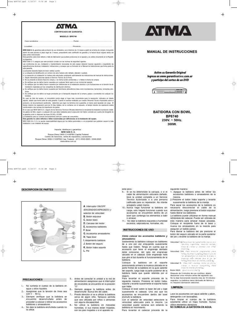 Batidora Con Bowl Atma BP8740 | PDF | Mezclador (Cocinar) | Engranaje