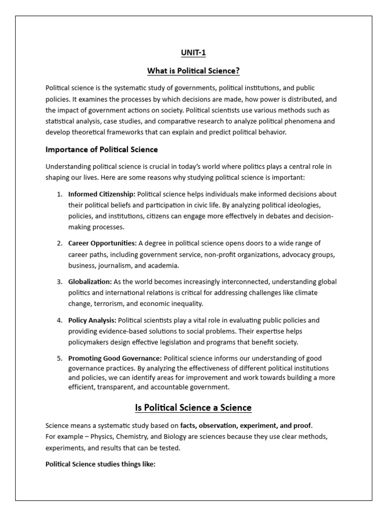 UNIT 1 Political Science | PDF | Science | Political Science