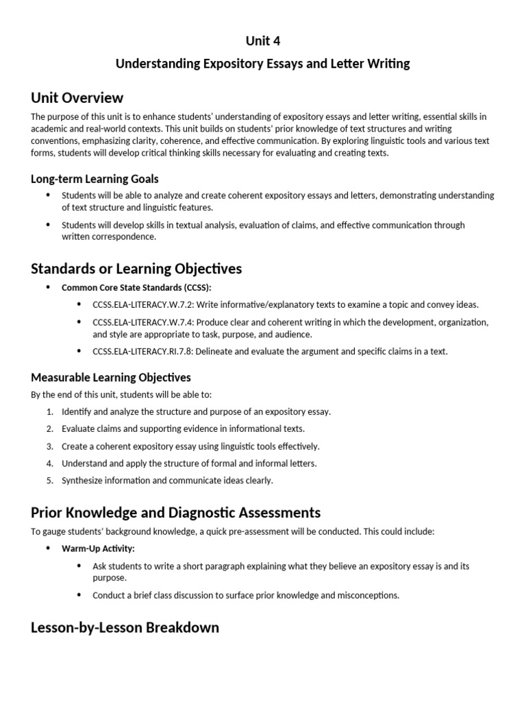 Unit 4 Lesson Plan in English Part 1 | PDF | Essays | Writing