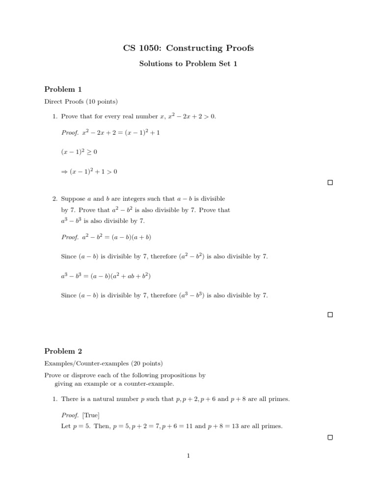 CS 1050: Constructing Proofs: Solutions To Problem Set 1 | PDF | Mathematical Proof | Rational ...