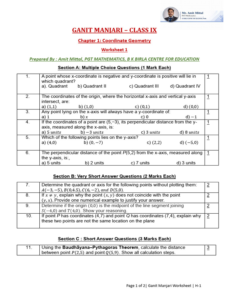 Class9 Worksheet Coordinate Geometry Ch01 Ganit Manjari | PDF ...