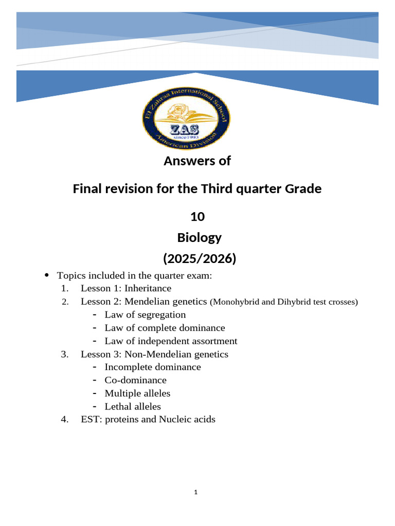 Final Revision 3rd Quarter Grade 10 Biology With Answers-1 | PDF ...
