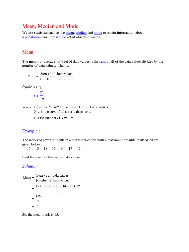 mean median mode population sample