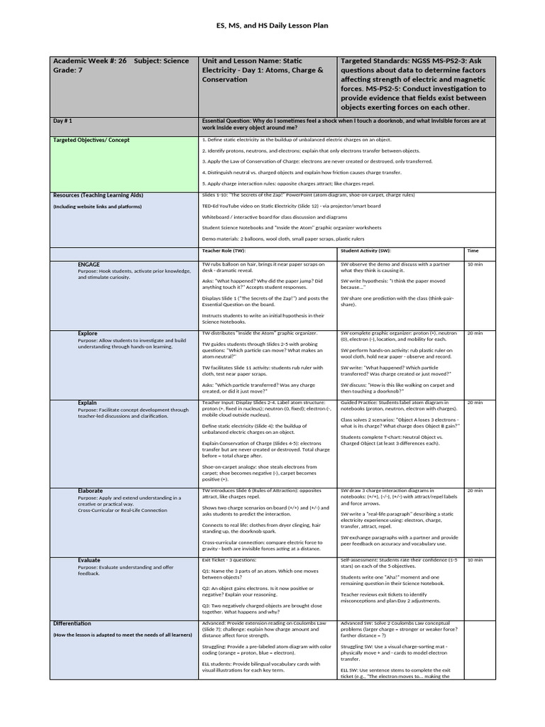 Lesson Plan Static Electricity (2) | PDF | Electron | Electric Charge