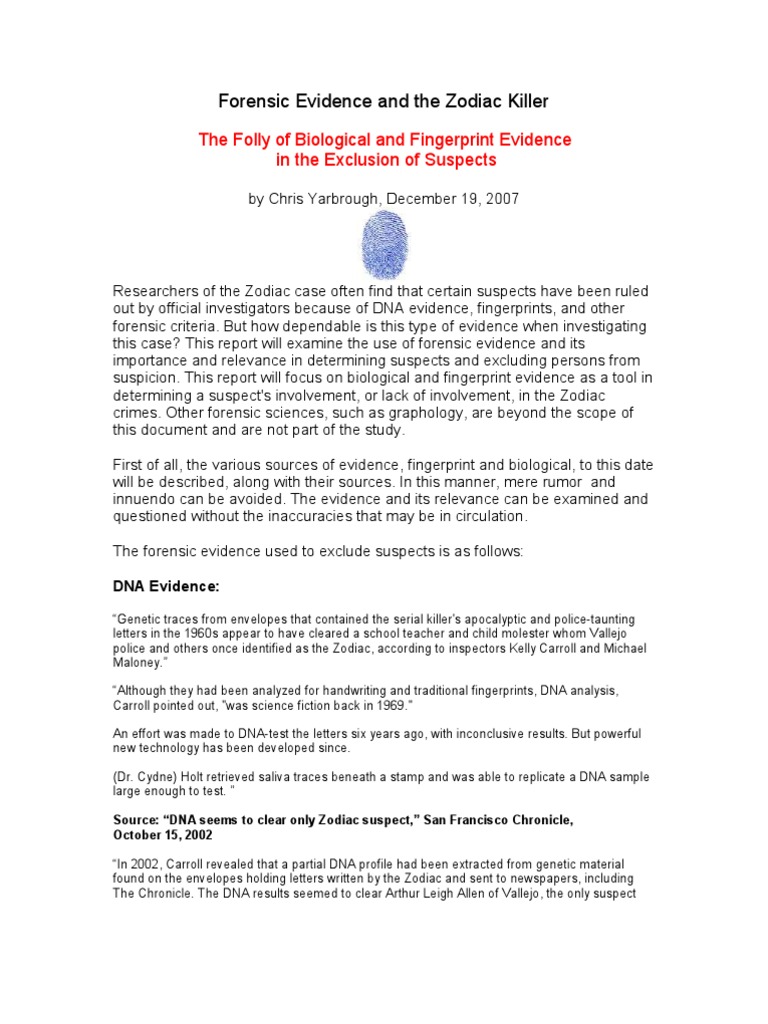 Forensic Evidence And The Zodiac Killer Pdf Forensic Science Dna
