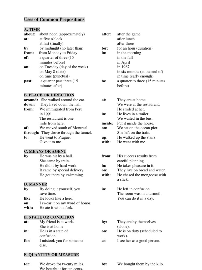 Common Prepositions and Their Uses | PDF | Language Mechanics ...