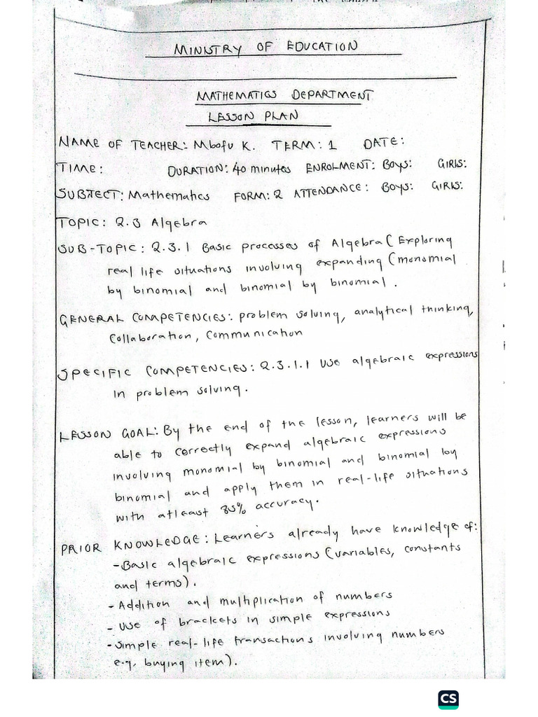 Algebra Lesson Plan 2 | PDF