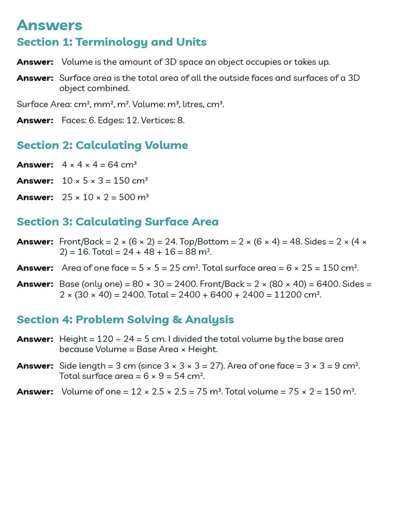 Volume and Surface Area of Cubes and Cuboids - Answer | PDF