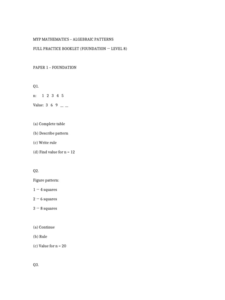 MYP Algebra Patterns Booklet | PDF | Area | Mathematics