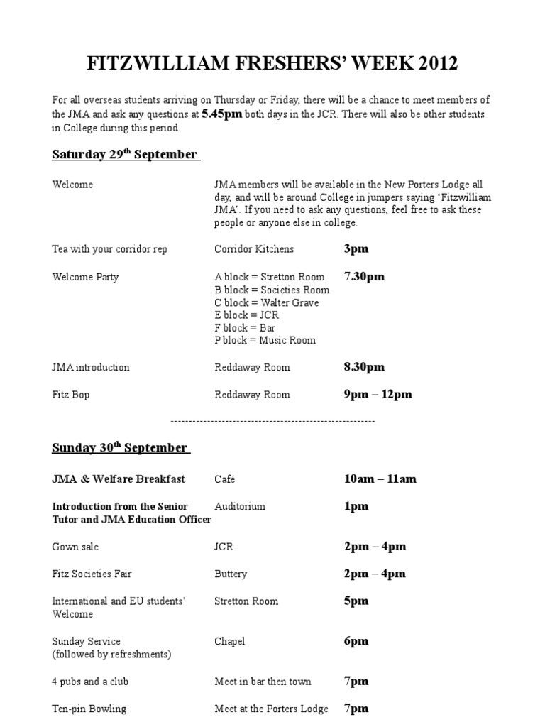 Fitzwilliam Freshers Timetable 2012 | PDF | Leisure