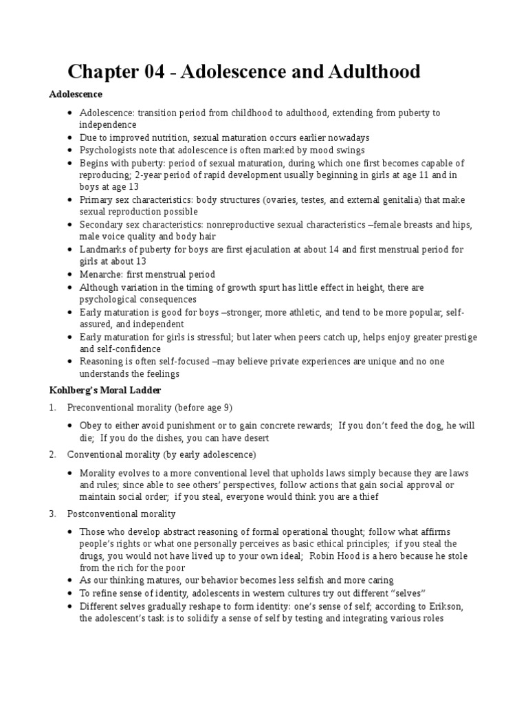 Chapter 04 - Adolescence and Adulthood | PDF | Puberty | Adolescence