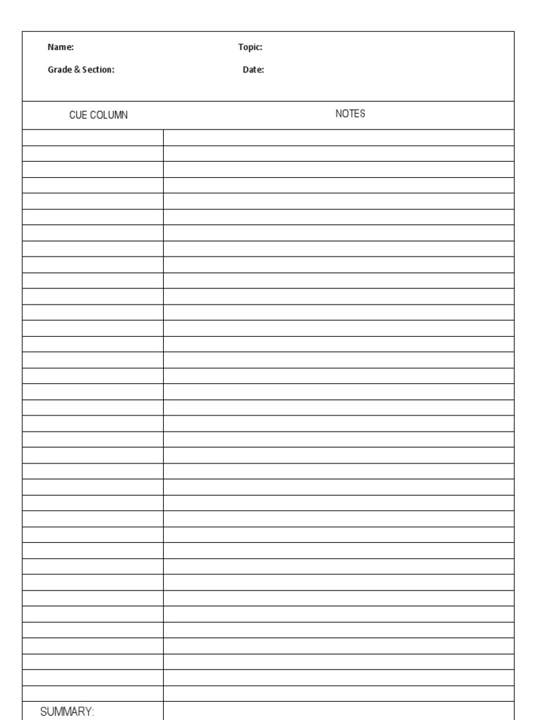 Cue Column Notes: Name: Topic: Grade & Section: Date | PDF
