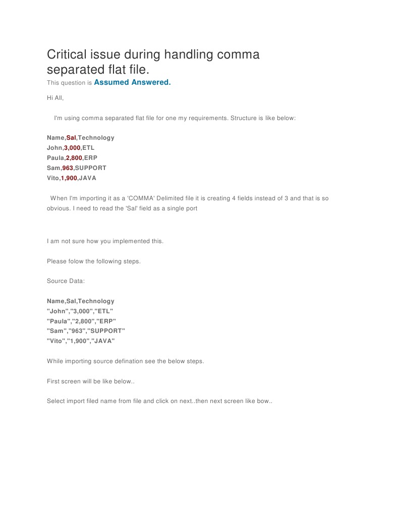 Critical Issue During Handling Comma Separated Flat File.: Assumed Answered | PDF | Computers