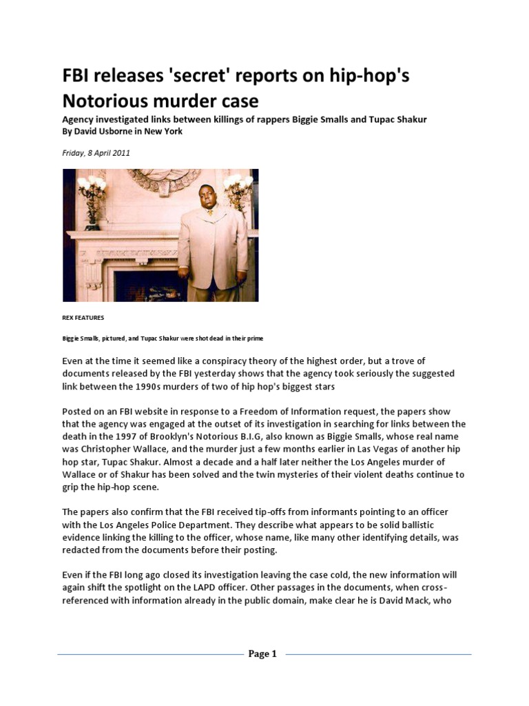 FBI Releases 'Secret' Reports On Hip-Hop's Notorious Murder Case | PDF ...