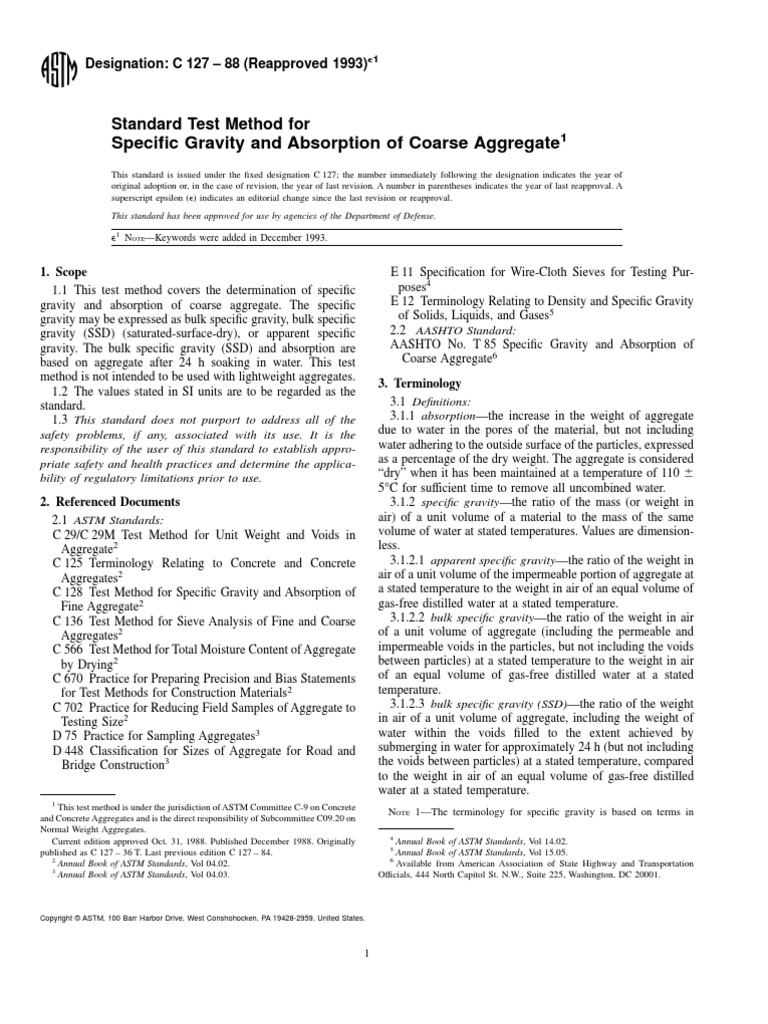 Specific Gravity and Absorption of Coarse Aggregate: Standard Test ...