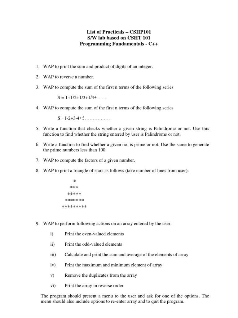 List of Practicals - CSHP101 S/W Lab Based On CSHT 101 Programming Fundamentals - C++ | PDF ...