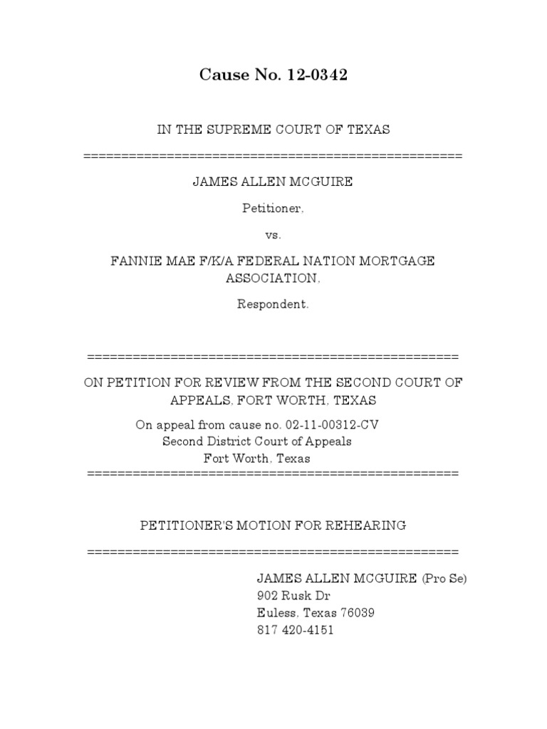 Texas Supreme Court Rehearing Motion | PDF | Appellate Court | Mortgage Law