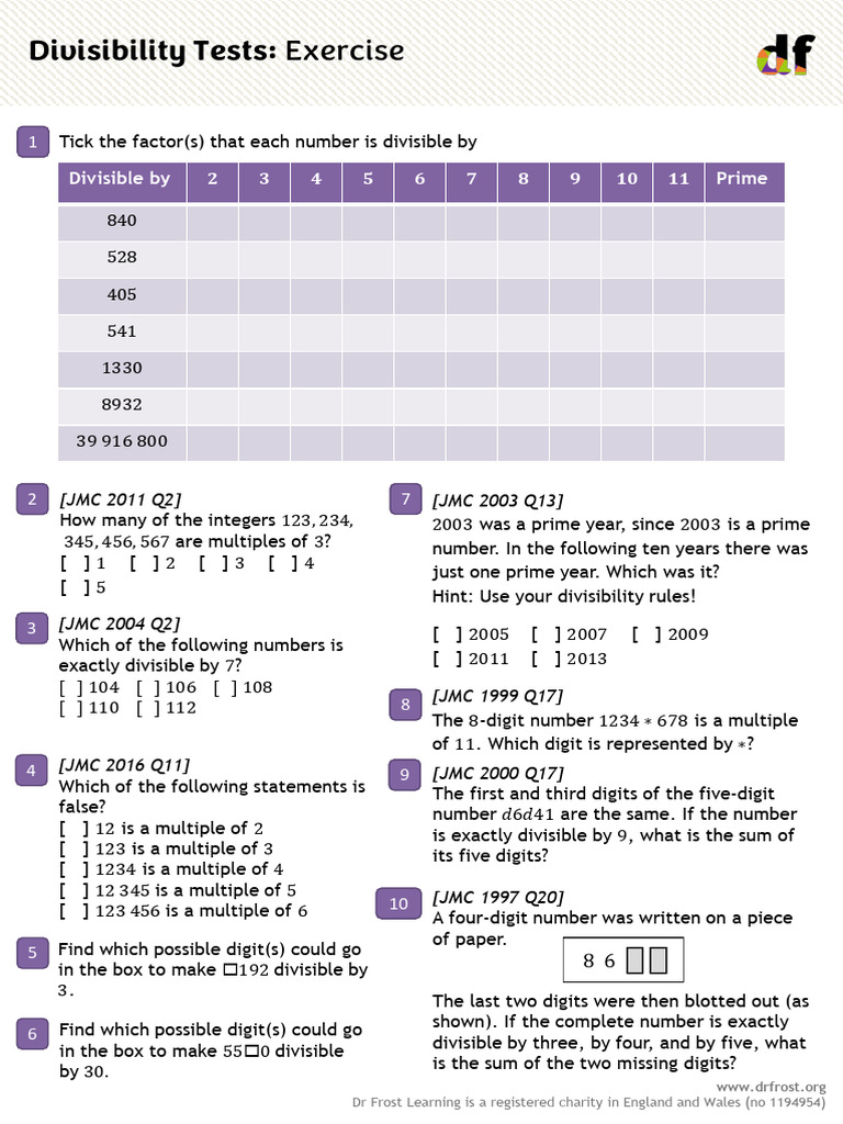 Divisibility Tests - Exercise | PDF | Number Theory | Discrete Mathematics