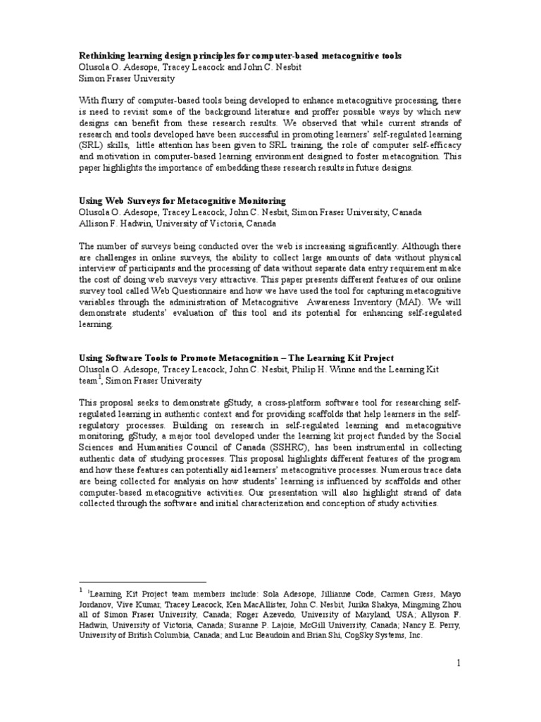 Rethinking Learning Design Principles For Computer-Based Metacognitive Tools | PDF ...