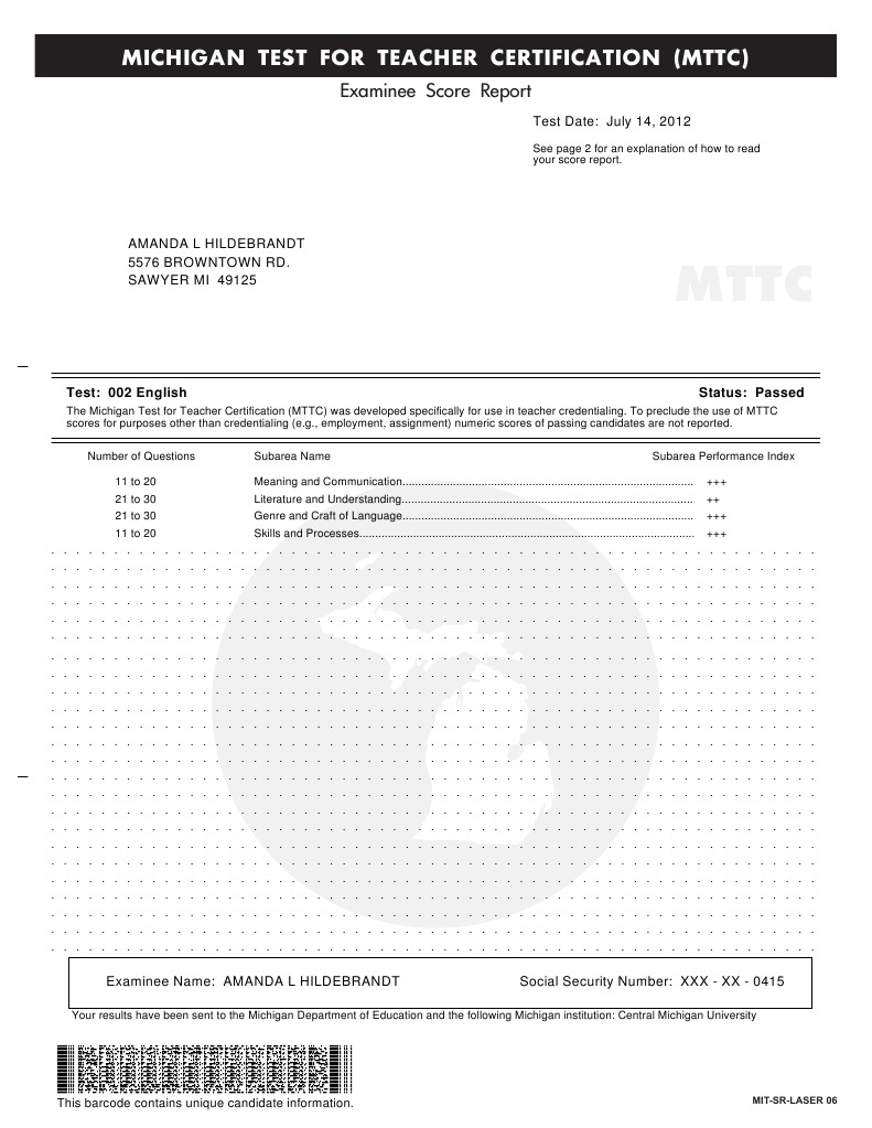 MTTC English Score Sheet | PDF | Multiple Choice | Evaluation Methods