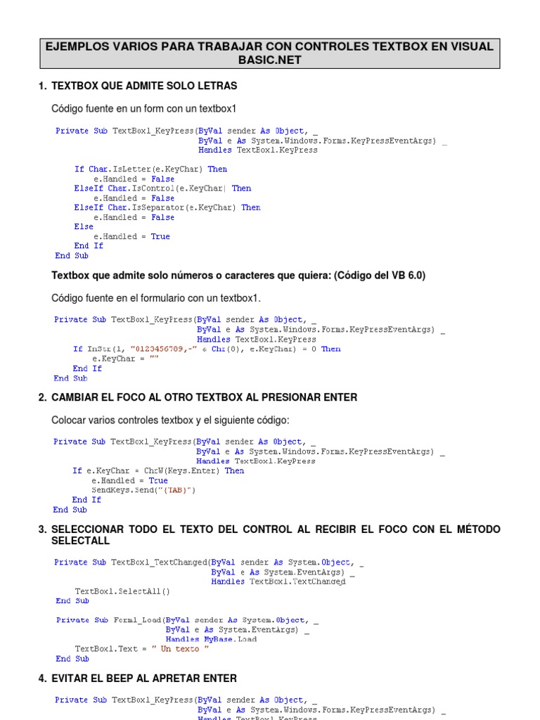 Ejemplos para Trabajar Con Controles Textbox en Visual Basic | PDF