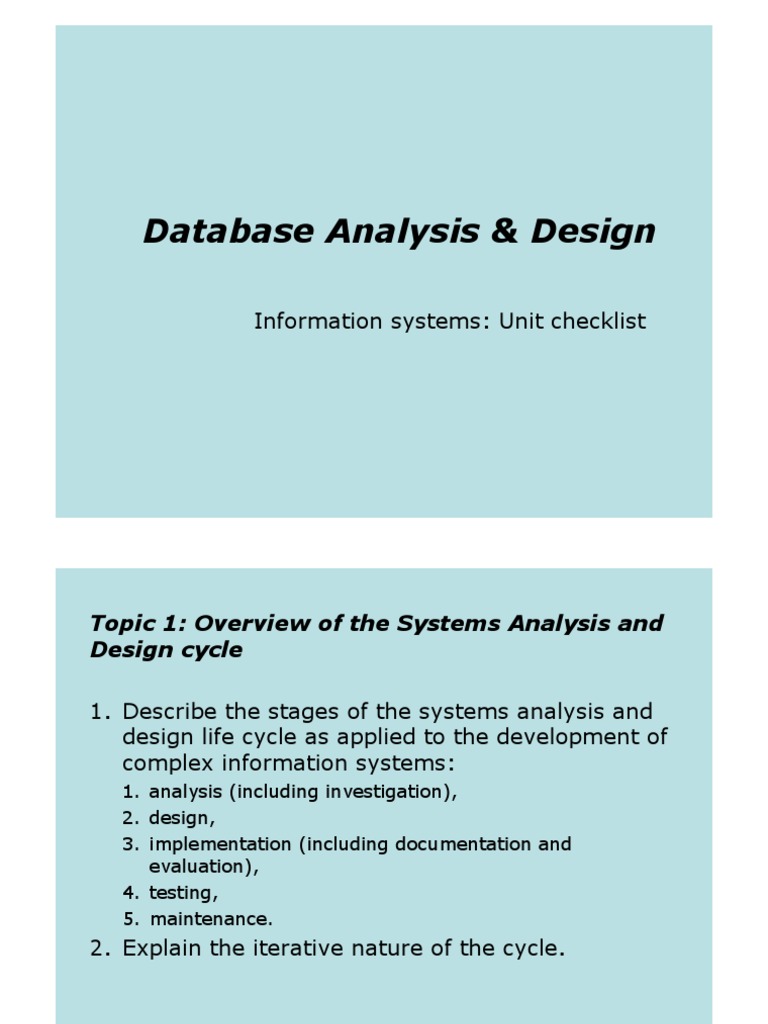 Database Analysis & Design: Information Systems: Unit Checklist | PDF | Information Technology ...