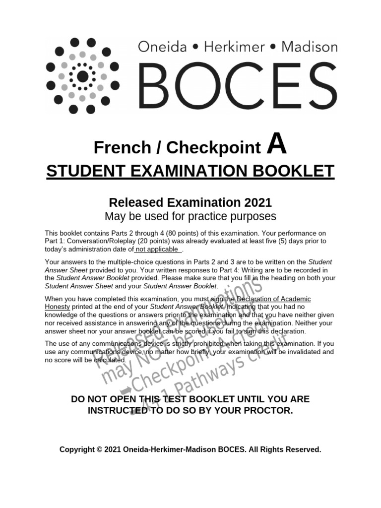 RE French Checkpoint a - Student Exam Booklet | PDF