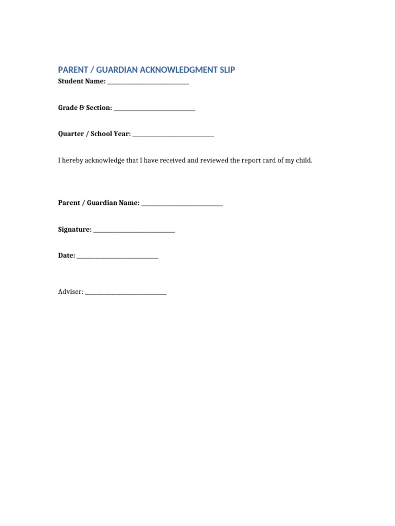 Parent Acknowledgment Slip Report Card | PDF