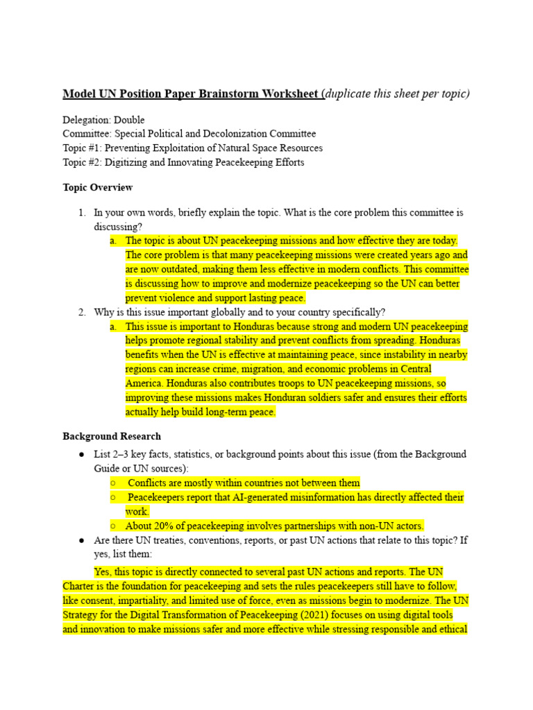 Model UN Position Paper Brainstorm Worksheet | PDF | Peacekeeping ...